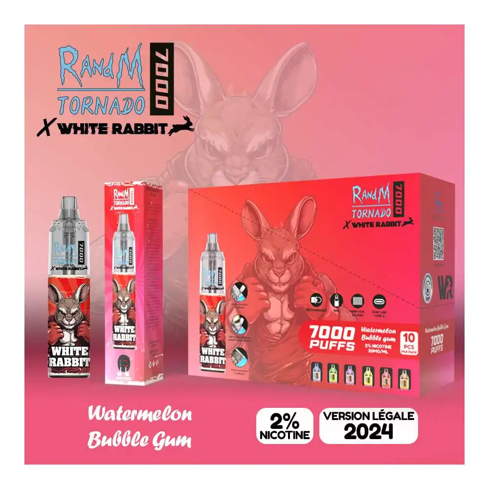 Puff Rechargeable White Rabbit Tornado 7000 | Saveur Pastèque Chewing-gum